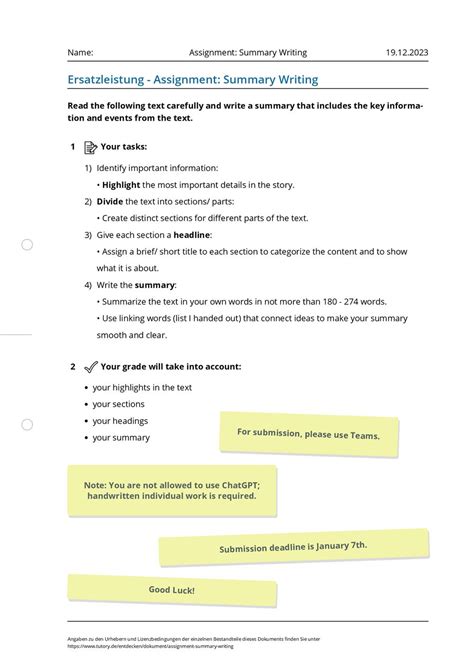 Arbeitsblatt Assignment Summary Writing Tutoryde