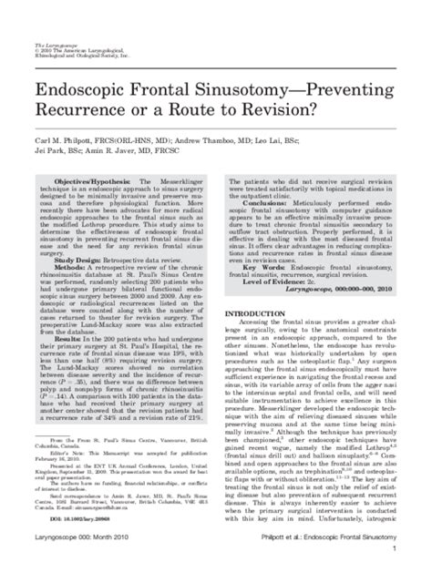Pdf Endoscopic Frontal Sinusotomy Preventing Recurrence Or A Route To Revision