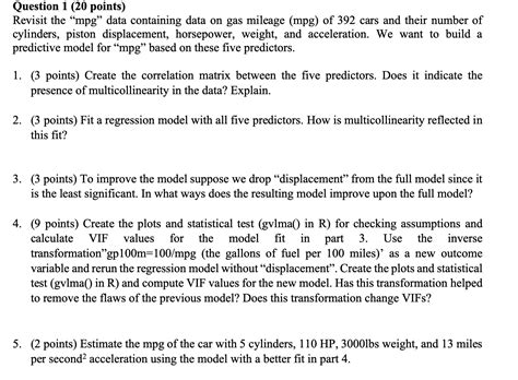 question 1 20 ﻿points revisit the mpg ﻿data
