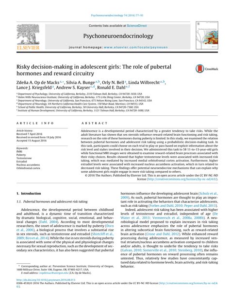 Pdf Risky Decision Making In Adolescent Girls The Role Of Pubertal Hormones And Reward Circuitry