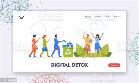디지털 해독 방문 페이지 템플릿입니다 사람들은 전화기를 쓰레기통에 버리고 자연 위를 걷습니다 기술과의 연결 끊기 가장자리에 대한 스톡 벡터 아트 및 기타 이미지 Istock