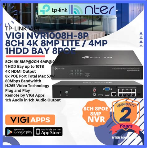 TP LINK Tplink VIGI 8CH 8 Channel 4K 8MP 8 Megapixel IP Network CCTV NVR Video Recorder 1x HDD