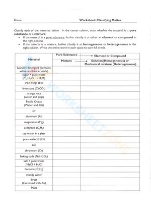 Worksheet Classifying Matter