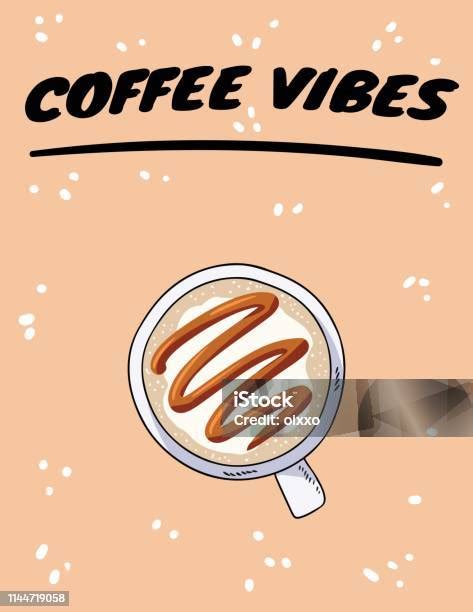 커피 느낌 포스터와 카라멜 커피 한잔 손으로 그린 만화 스타일 엽서 겨울에 대한 스톡 벡터 아트 및 기타 이미지 겨울 고정됨 귀여운 Istock