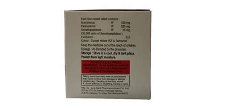 Gen Asp Tablet Composition Aceclofenac 100mg Paracetamol 325mg Serratiopeptidase 10mg 100