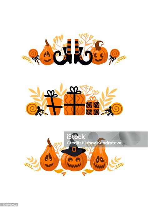 할로윈 밝은 세트 벡터 일러스트 호박 잭 O랜턴 마녀 모자 줄무늬 스타킹 신발 롤리팝 선물 스티커 포스터 엽서 디자인용 10월에 대한 스톡 벡터 아트 및 기타 이미지
