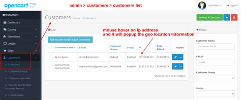 OpenCart IP Address Geolocation Column Filter At Admin Customers List