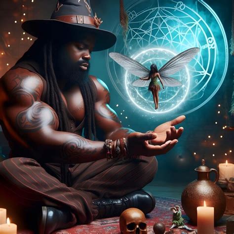 Premium Photo Stocky Black Guy Wizard Summoning A Fairy In A Magic Circle
