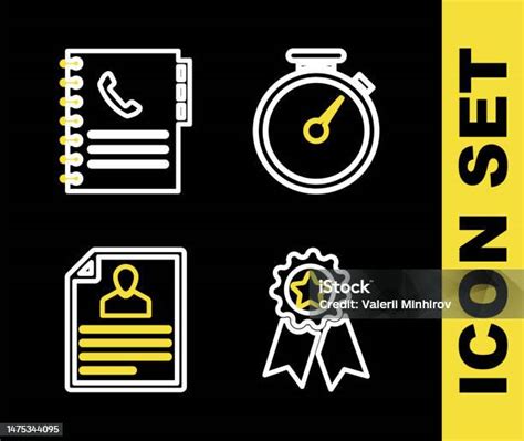 세트 라인 스톱워치 별이있는 메달 이력서 및 전화 번호부 아이콘 벡터 계시기에 대한 스톡 벡터 아트 및 기타 이미지 계시기 고용과 노동 다중 색상 Istock