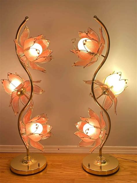 1 Left Pink Lotus Floor Lamp Pink Lotus Panel Shade 3 Way Lighting Brass Plated Vintage