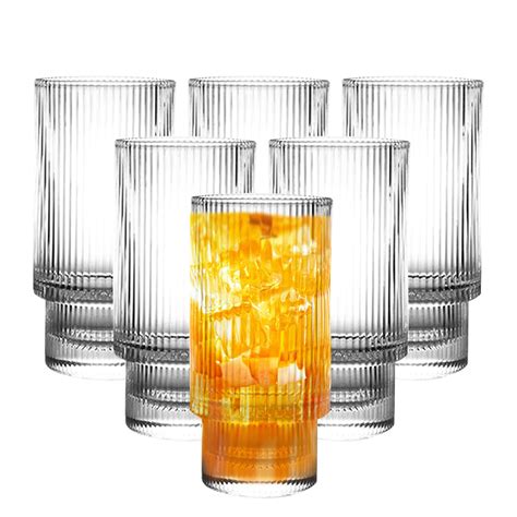 Binsakao 6 Pack Ribbed Drinking Glasses 10 Oz Vintage