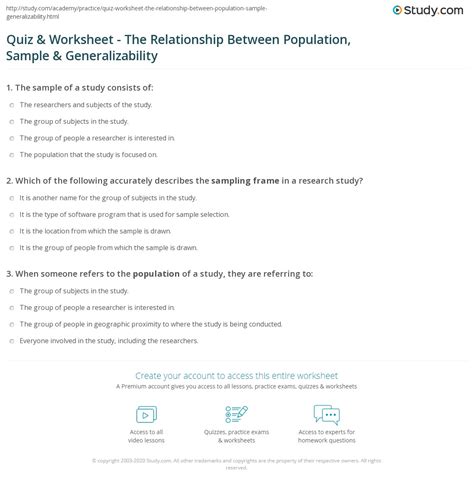 Quiz And Worksheet The Relationship Between Population Sample