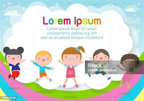 아이 들 무지개에 점프 어린이 기쁨과 함께 점프 행복 한 만화 아이 놀이터 배경에서 재생 광고 브로셔 텍스트 어린이와 프레임 벡터 일러스트 레이 션 광고에 대한 스톡 벡터