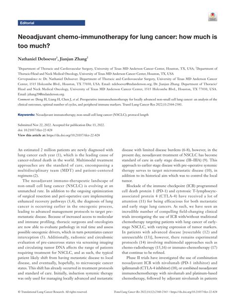 Pdf Neoadjuvant Chemo Immunotherapy For Lung Cancer How Much Is Too