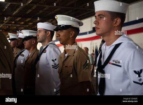 U S Marines And Sailors Stand In Formation During The Unveiling Of The