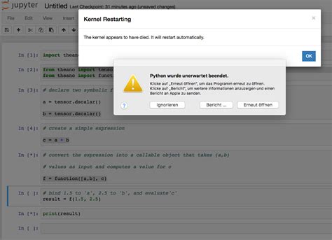 python jupyter crashes on simple theano function stack overflow