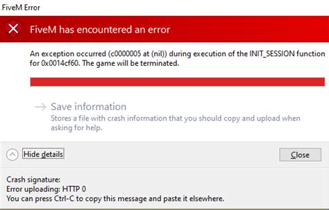 fivem crash c0000005 at nil during execution of the init session
