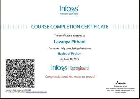 Completed Basics Of Python Course On Infosys Springboard Lavanya