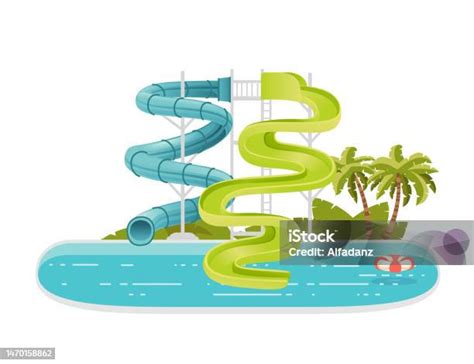 컬러 플라스틱 나사 슬라이드와 흰색 배경에 야자수가 있는 수영장이 있는 워터파크 그림 공기 주입에 대한 스톡 벡터 아트 및 기타 이미지 공기 주입 관 튜브 관로