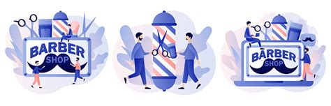 이발소 작은 사람들은 머리와 수염을 돌봅니다 헤어 스타일 수염 트리밍 및 면도 서비스 개념 남성 살롱 현대 플랫 만화 스타일 흰색 배경의 벡터 그림 가위에 대한 스톡 벡터