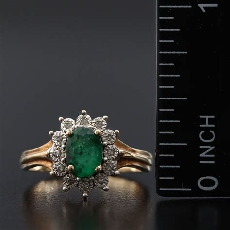 10k Emerald And Diamond Halo Ring Ebth