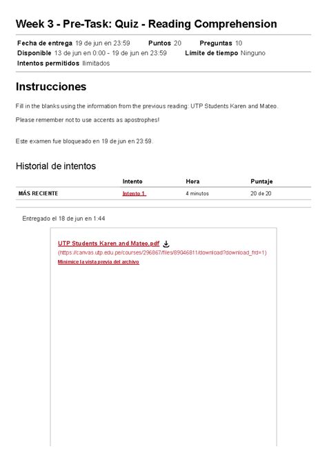 Week 3 Pre Task Quiz Reading Comprehension Ingles II 37979 Week 3 Pre Task Quiz