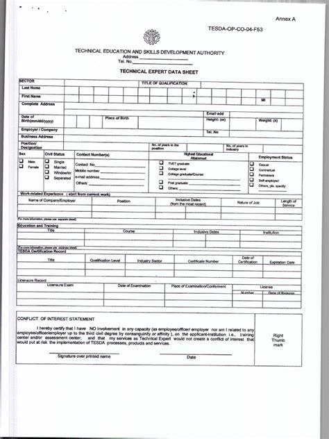 Tesda Circular No 002 2018 Technical Expert Data Sheet Pdf