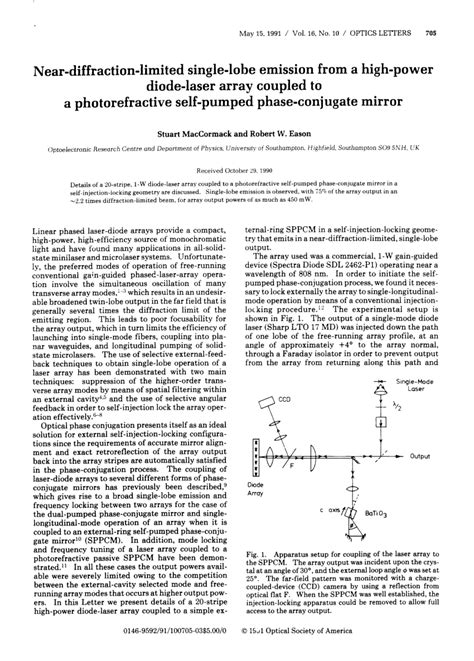 PDF Near Diffraction Limited Single Lobe Emission From A High Power Diode Laser Array Coupled