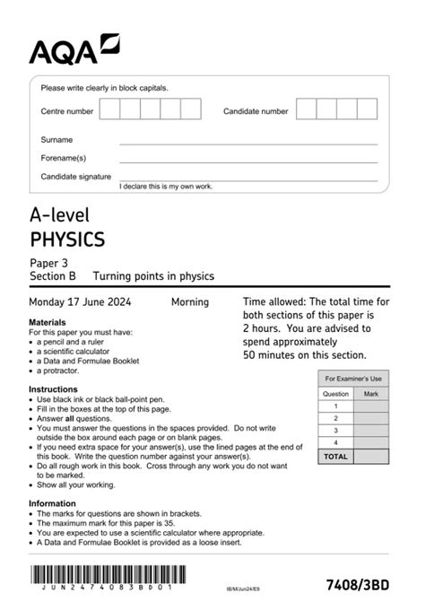 AQA A Level PHYSICS Paper Section B JUNE QUESTION PAPER Turning Points In Physics A