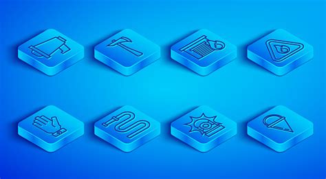 세트 라인 메가 폰 소방관 도끼 불타는 차고 호스 릴 점멸 사이렌 불꽃 삼각형 장갑과 콘 버킷 아이콘 벡터 3차원 형태에 대한 스톡 벡터 아트 및 기타 이미지 Istock