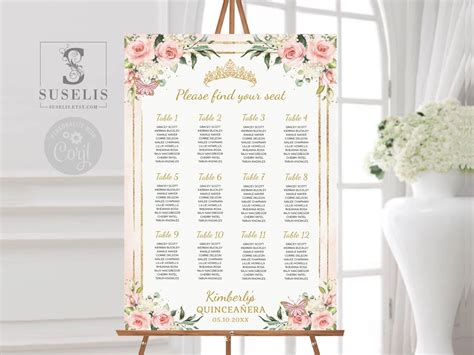 EDITABLE Template Seating Chart Table Plan Blush Pink Flowers Quinceañera 16th Birthday