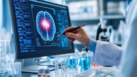 Scientist Analyzing Brain Activity On Digital Monitor Stock Image