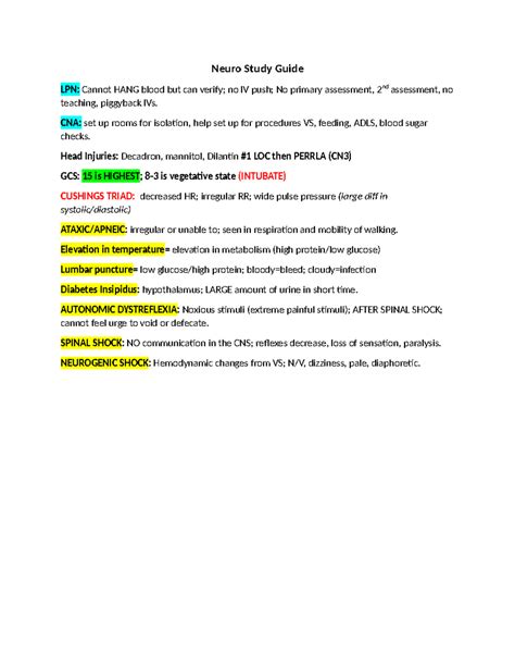 Exam 3 Neuro Study Guide Neuro Study Guide Lpn Cannot Hang Blood But