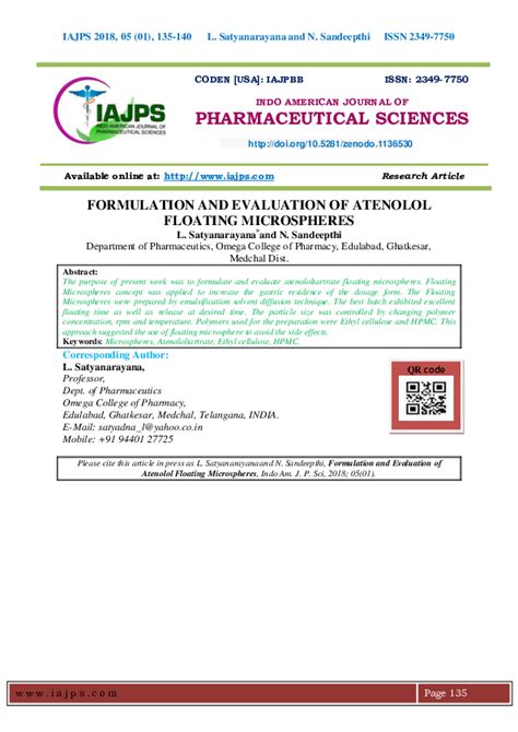 Pdf Formulation And Evaluation Of Atenolol Floating Microspheres
