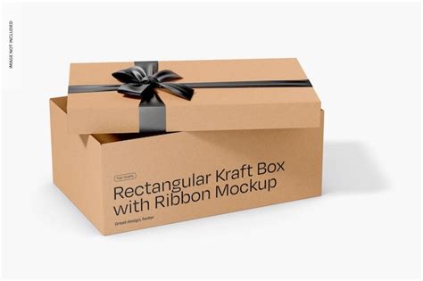 Premium Psd Rectangular Kraft Box With Ribbon Mockup Opened