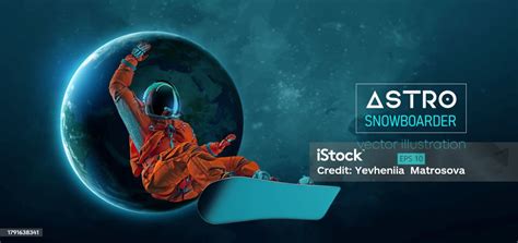 우주 액션에서 스노우 보드의 추상 한 실루엣과 지구 화성 행성 우주의 배경 트릭을 하고 있는 스노우 보더 남자 조각 벡터 3d
