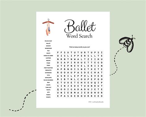Ballet Themed Word Search Instant Download Printable Worksheet For