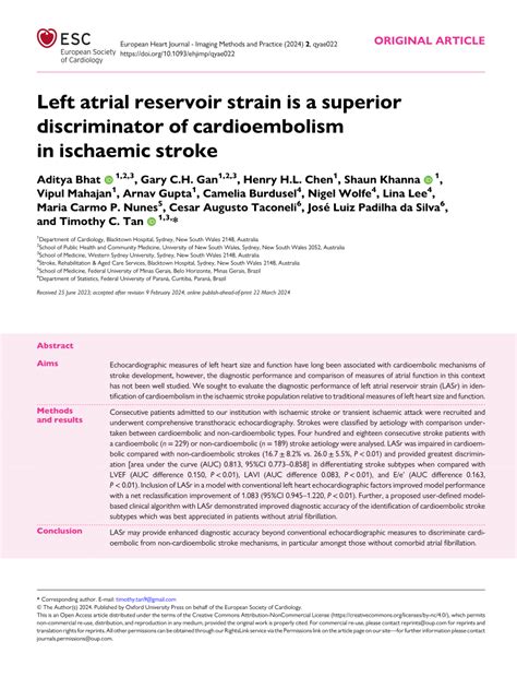 Pdf Left Atrial Reservoir Strain Is A Superior Discriminator Of Cardioembolism In Ischaemic Stroke