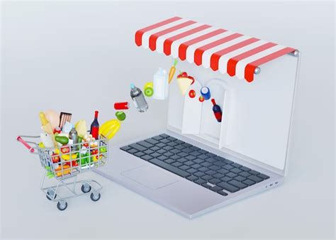 Premium Photo Shopping Cart With Different Food Products On Laptop