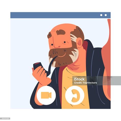 행복한 성숙한 남자 블로거는 소셜 미디어에 새로운 콘텐츠를 녹화하는 동안 파이프를 피우고 있습니다 노인 비디오 통신 및 블로깅 벡터 일러스트레이션 개성 개념에 대한 스톡