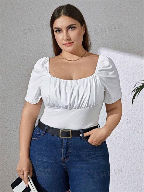 Shein Essnce Women Plus Size White Bodysuit With Square Collar Pleated