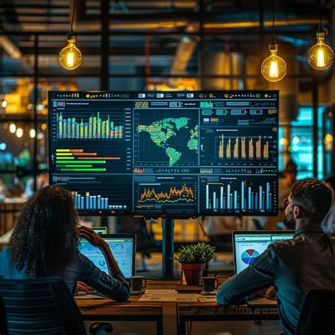A Man And Woman Sit At A Table With A Computer Screen Showing Graphs And Charts Premium AI