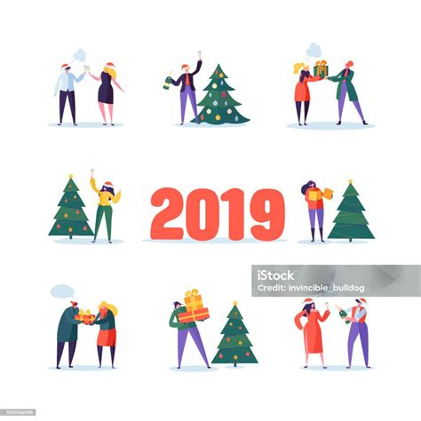 선물 및 크리스마스 트리 플랫 행복 한 사람입니다 메리 크리스마스 휴일 파티입니다 샴페인으로 새 해 전 야 축 하 문자입니다 벡터 일러스트 레이 션 2019년에 대한 스톡