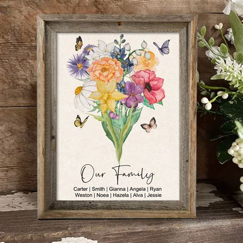 Custom Moms Garden Birth Flower Watercolor Bouquet Frame Sign Unique