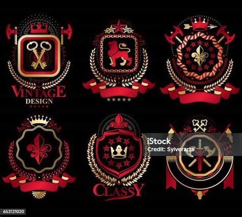 벡터 빈티지 문장 학 팔의 외 투 상 스타일에 설계 되었습니다 중세 타워 병기 로얄 크라운 별 및 다른 그래픽 요소 컬렉션을