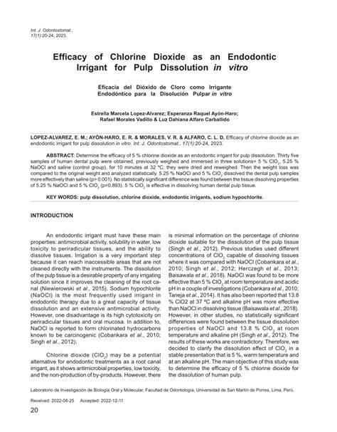 Pdf Efficacy Of Chlorine Dioxide As An Endodontic Irrigant For Pulp Dissolution In Vitro
