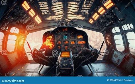 Airplane Cockpit Pilots Back View Of Cabin Crew Flying Airplane Pilot And Copilot Inside