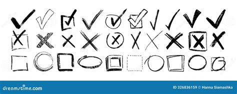 Hand Drawn Chalk Pencil Check Marks Charcoal Checklist Icons Crayon Tick And Crosses Symbols