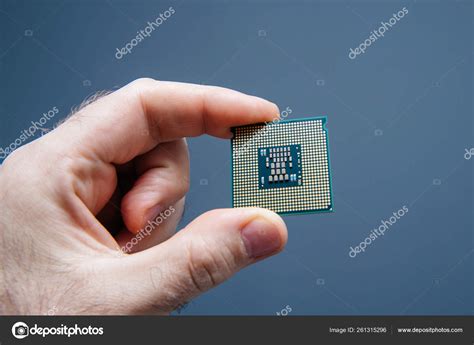 Man Hand Holding CPU Central Processing Unit Gray Background Stock Photo By Ifeelstock