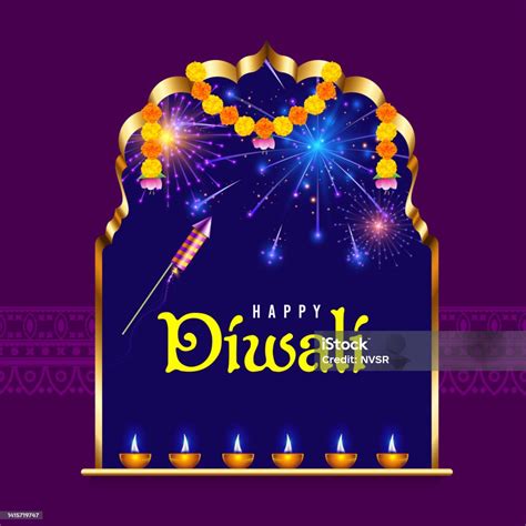 인도 전통 장식 창에서 밤 하늘의 불꽃 놀이의 그림 해피 디왈리 벡터 일러스트 레이 션 디왈리에 대한 스톡 벡터 아트 및 기타 이미지 디왈리 컴퓨터 글자 금잔화 온대